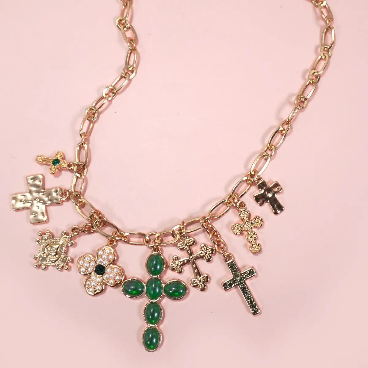 Charm Necklace-Multi Cross Charms Necklace – Golden Olive Company